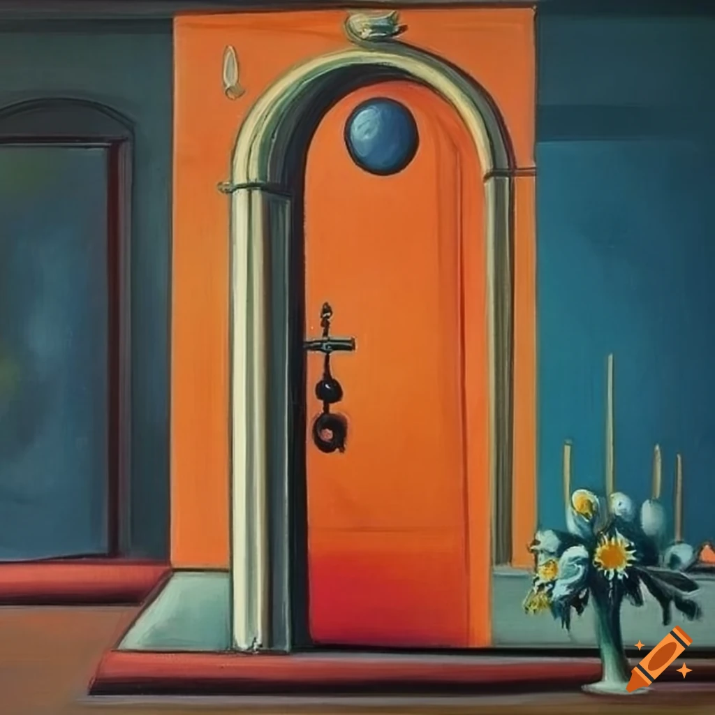 Surrealism painting with orange door and half moon on Craiyon