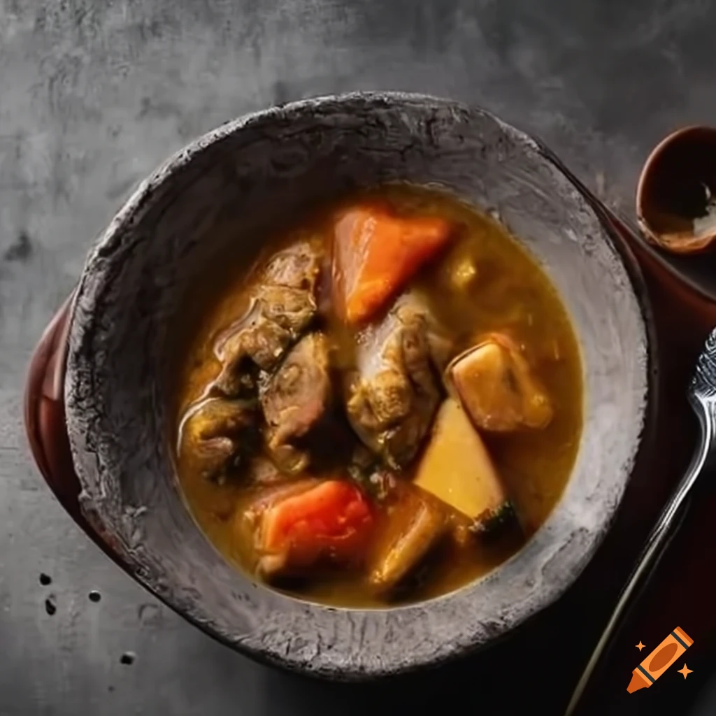 Savory mammoth stew in a stone bowl on Craiyon