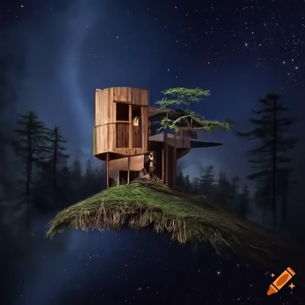 Surreal tree house on a small island in space