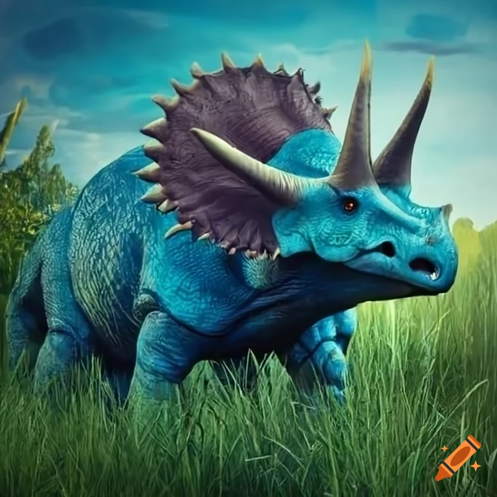 Image of a giant blue triceratops in tall grass on Craiyon