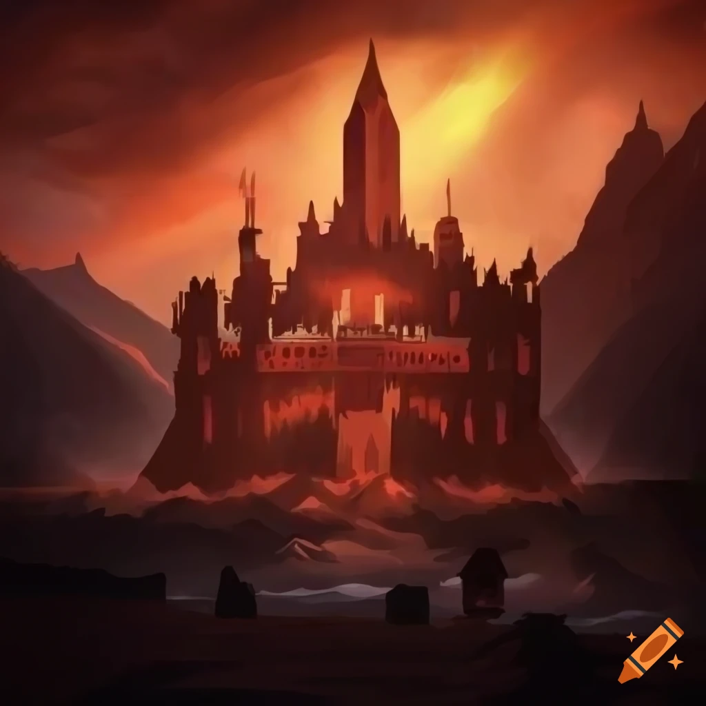 Illustration of a red steel citadel in a mountainous landscape