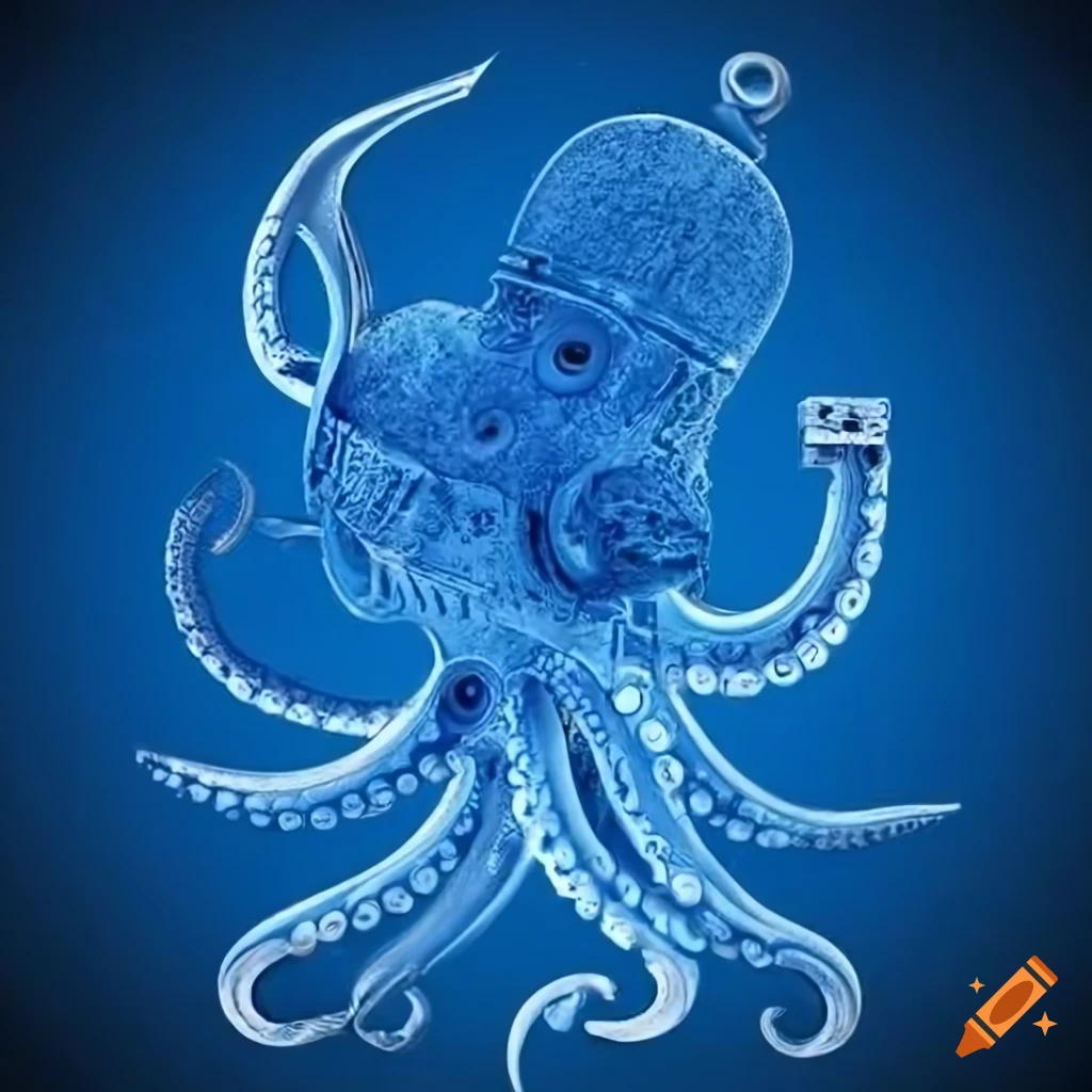 Blueprint of a black octopus holding mechanical tools on Craiyon