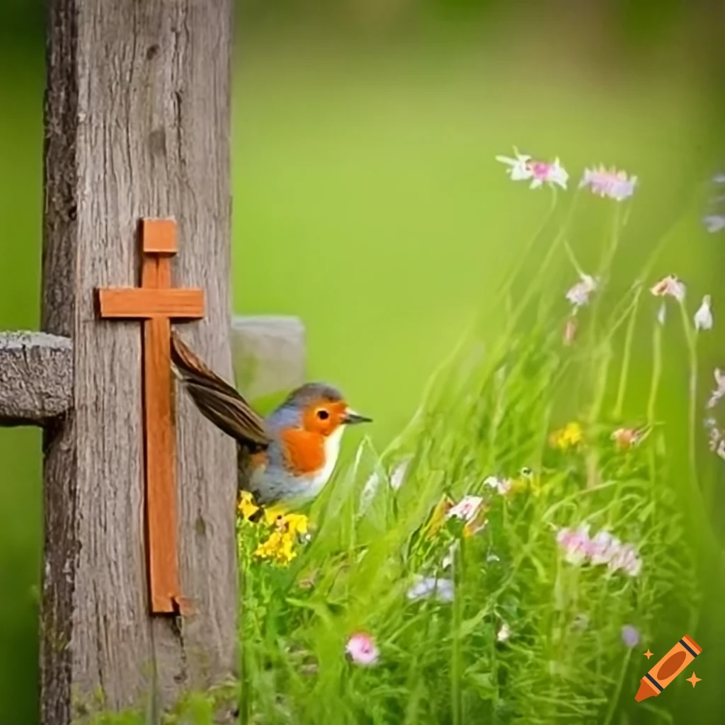 Scenic meadow with flowers and a robin perched on a cross