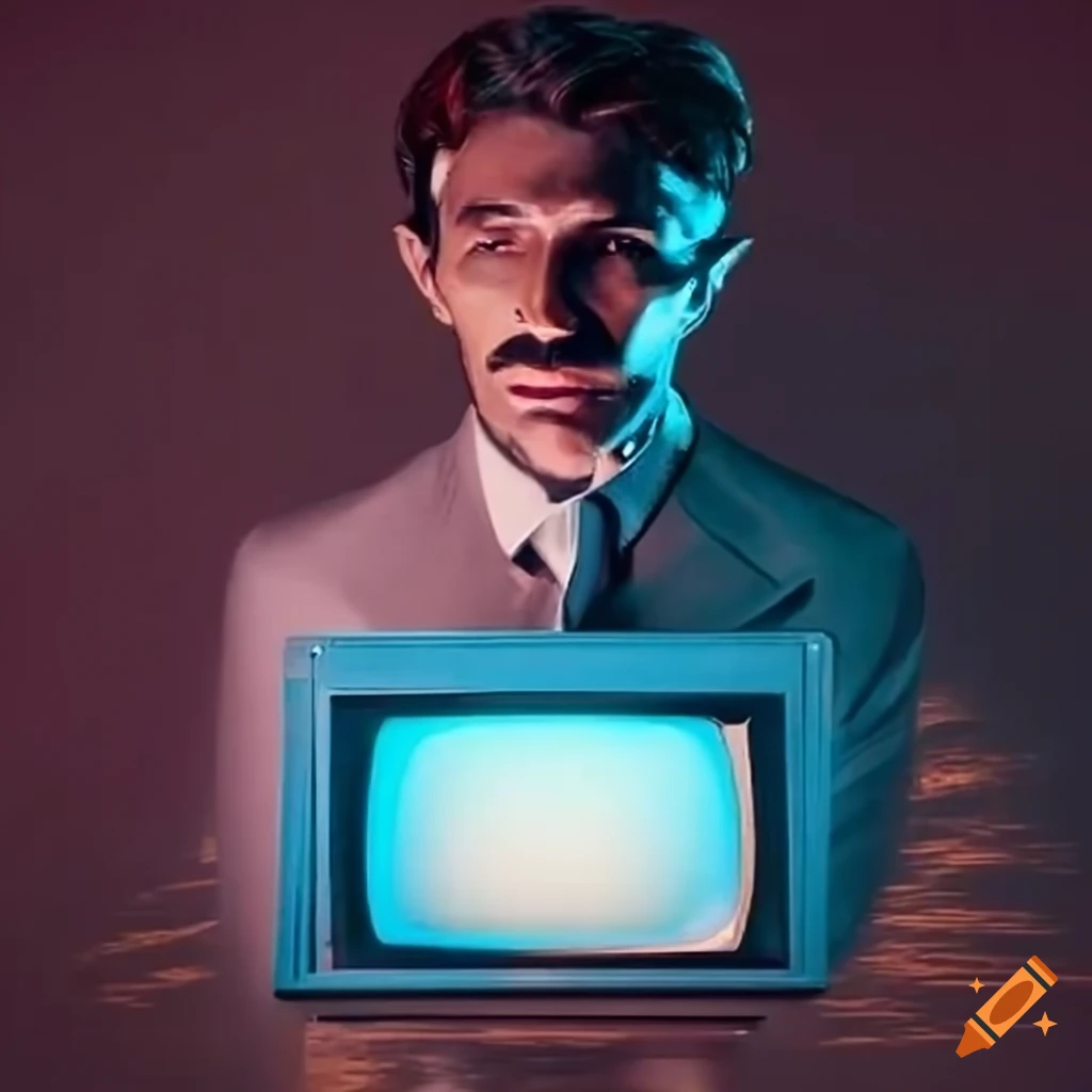 Portrait of Nikola Tesla with a computer monitor on Craiyon