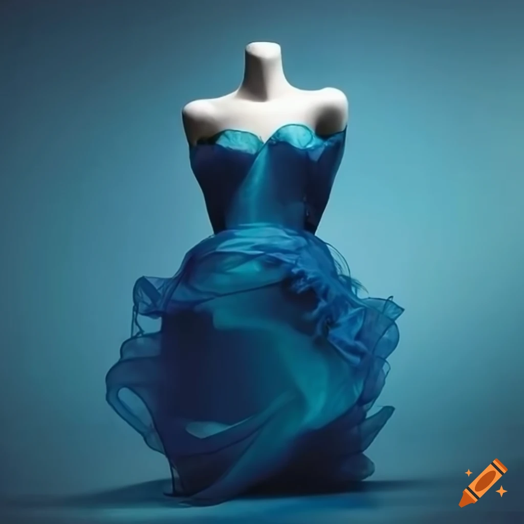 Dark blue organza dress with water whirlpool installation on Craiyon