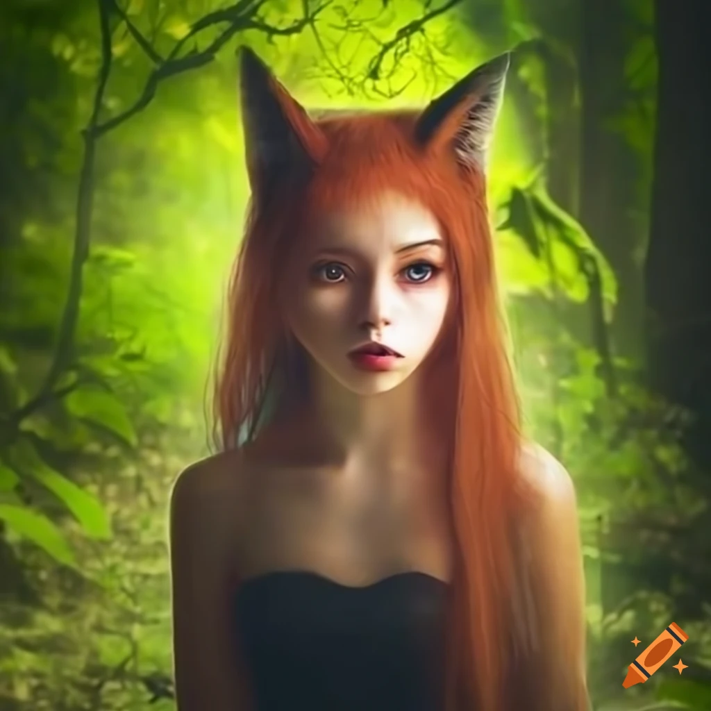 Artistic illustration of a fox girl in a forest on Craiyon