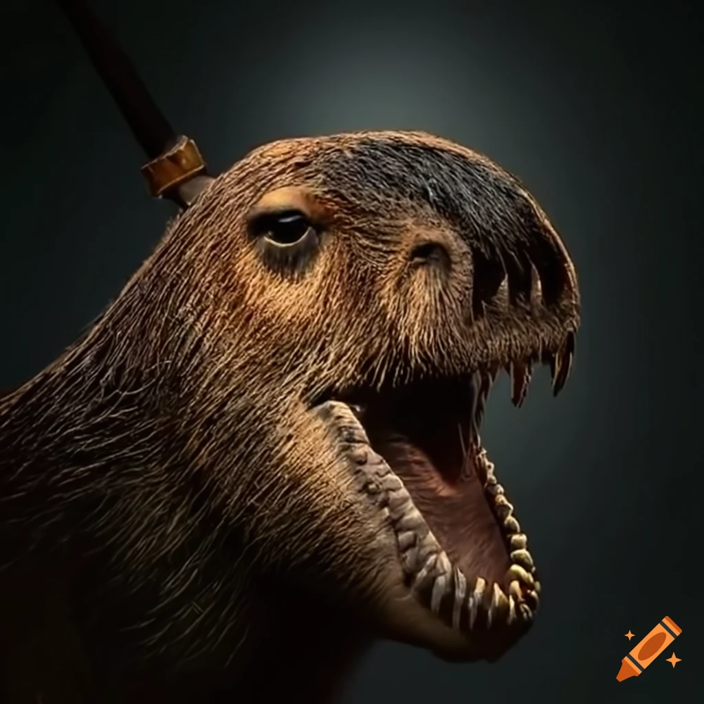 Illustration of a capybara mixed with a T-Rex holding a sword on Craiyon