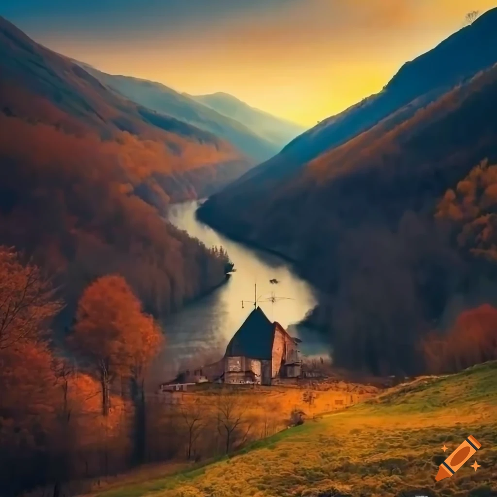 Sunset at a medieval village in fall on Craiyon