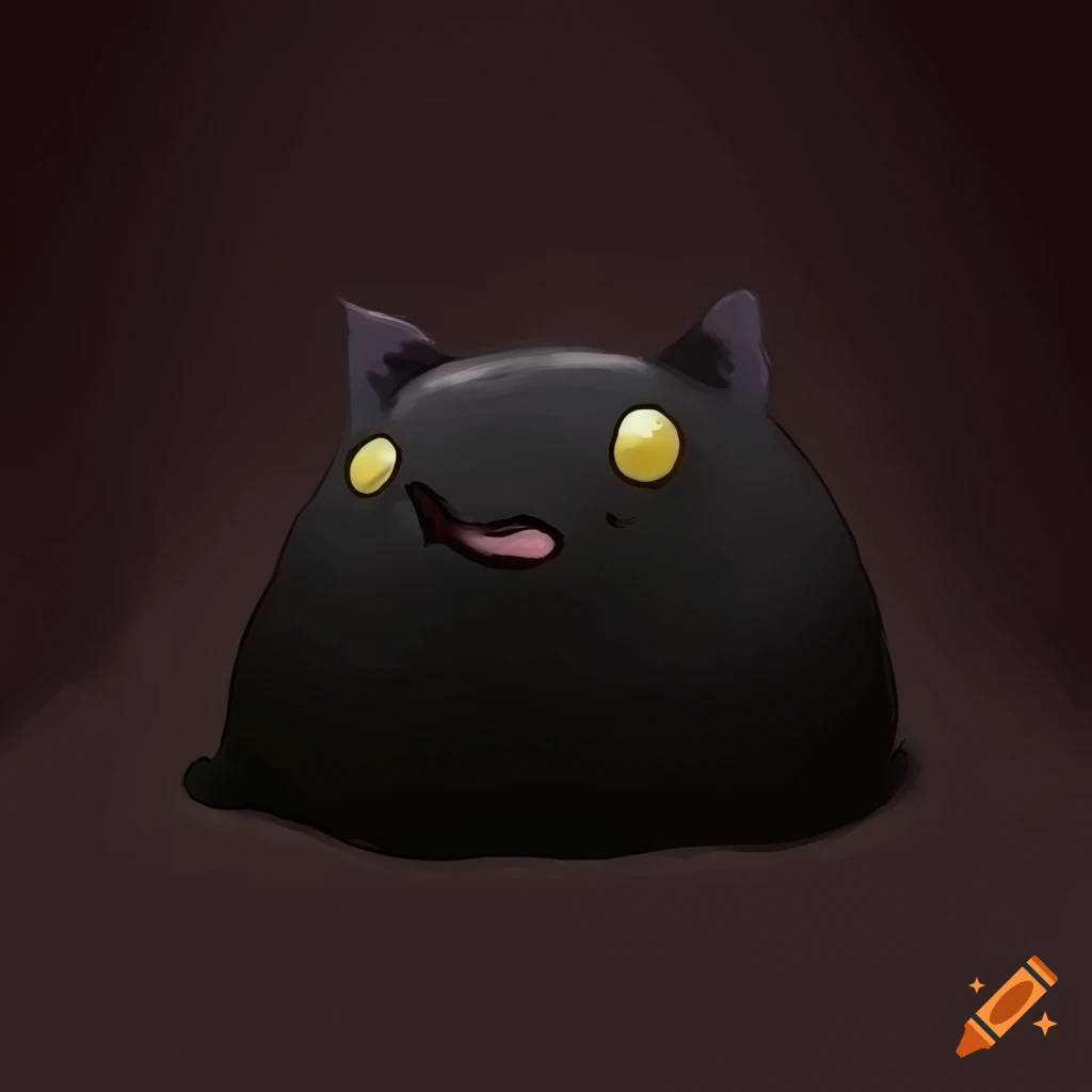 Cartoon character of a black slime blob with a cat face on Craiyon