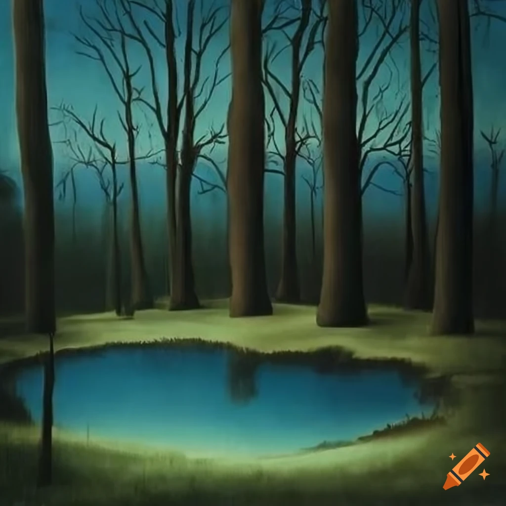 Rene magritte's painting of a small lake in a forest