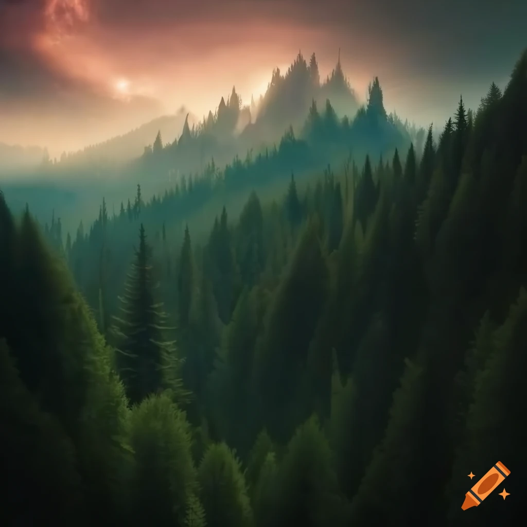 Photorealistic wide shot of a semi-forested fantasy landscape