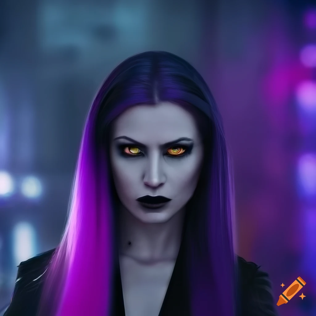 Portrait of a stunning middle-aged vampire woman with purple hair on ...