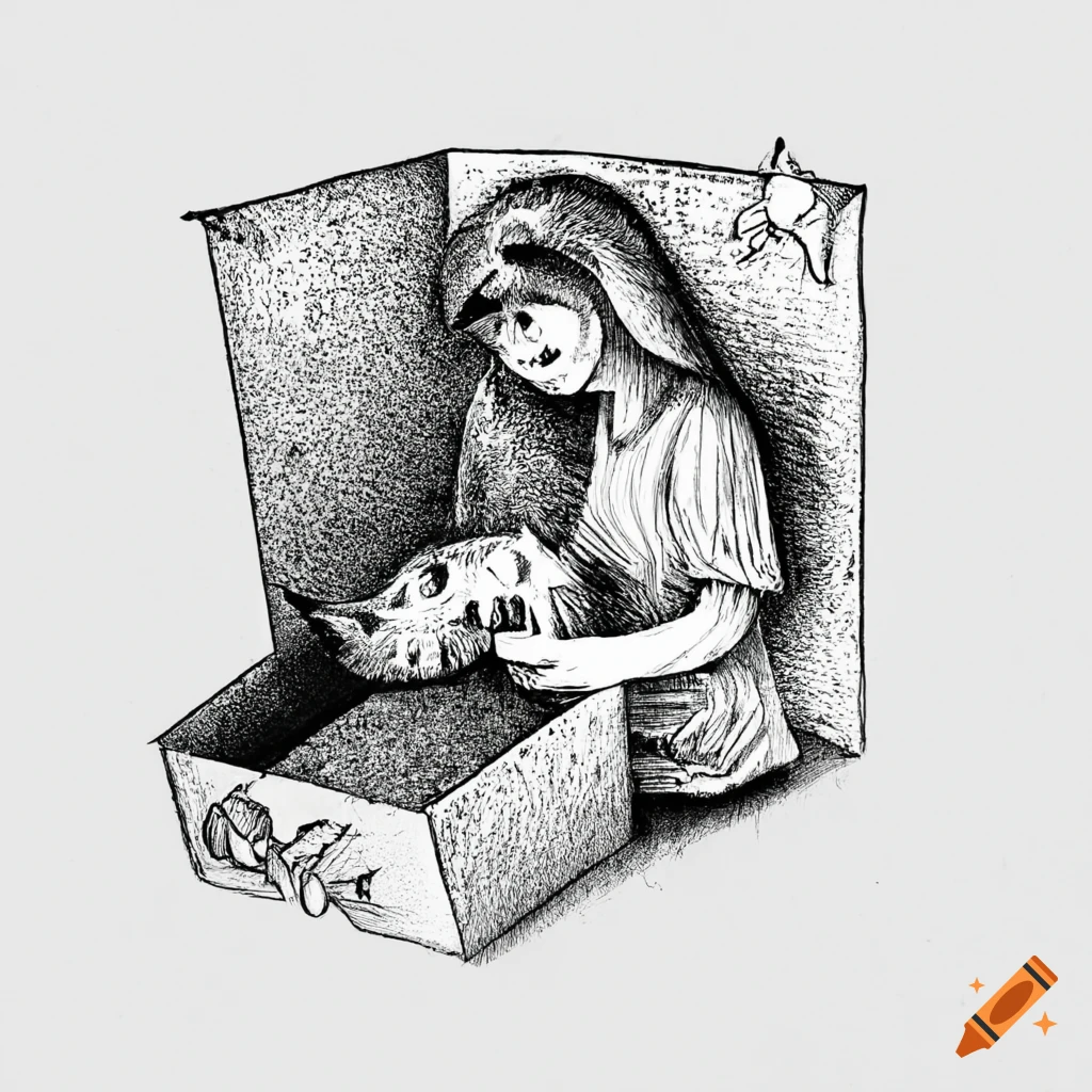 Ink drawing of a person with a cat in a box