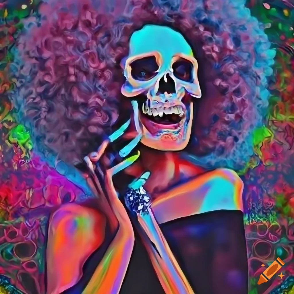 Neon painting of a funky skeleton lady with afro on Craiyon