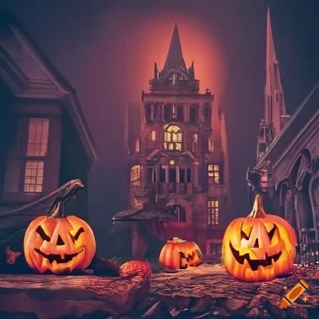 Halloween cityscape with pumpkins and horror monsters