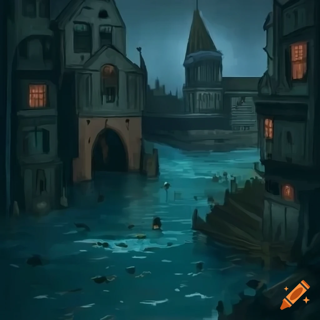 Image of a partially flooded city in a dnd setting on Craiyon