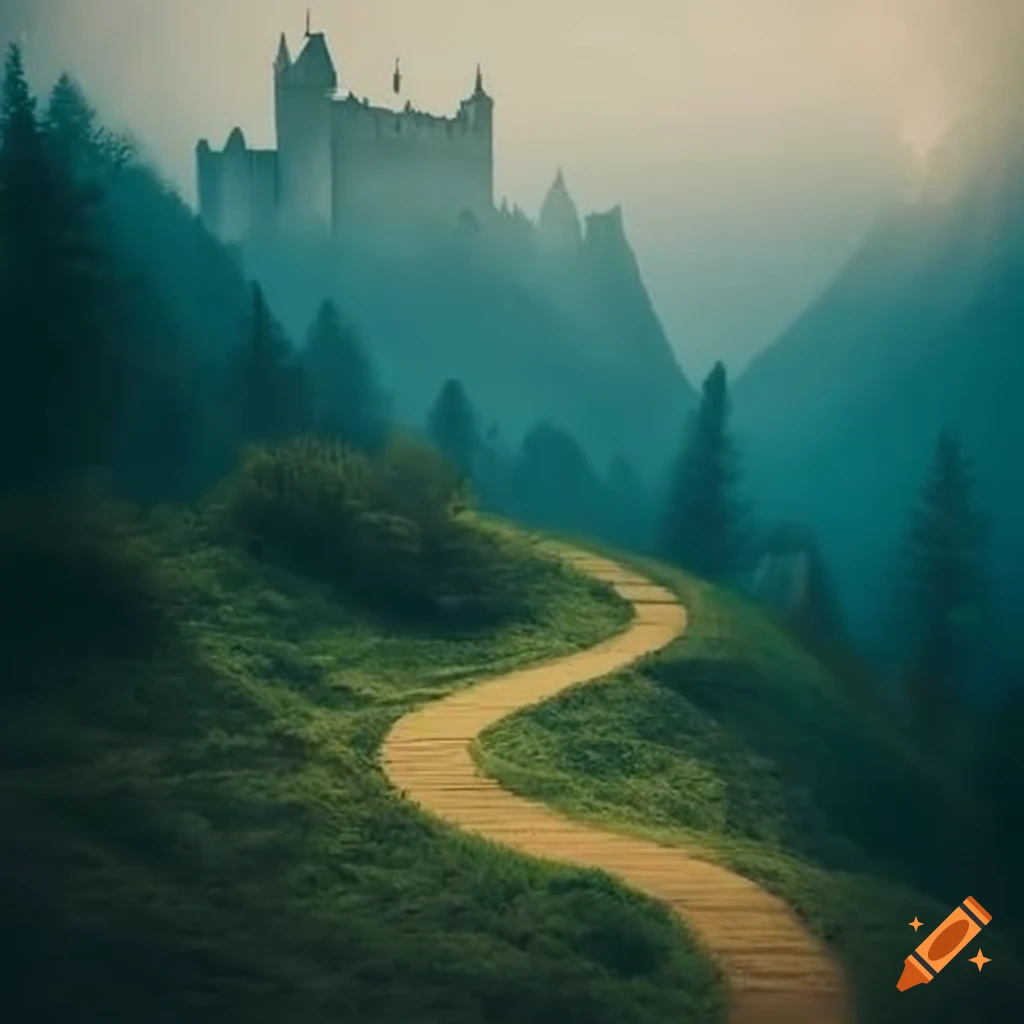 Castle in misty mountains with a winding path on Craiyon