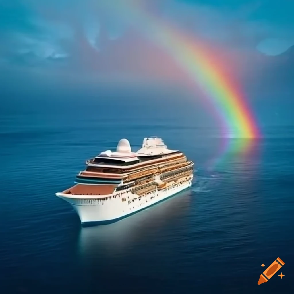 Luxurious cruise ship sailing under a rainbow