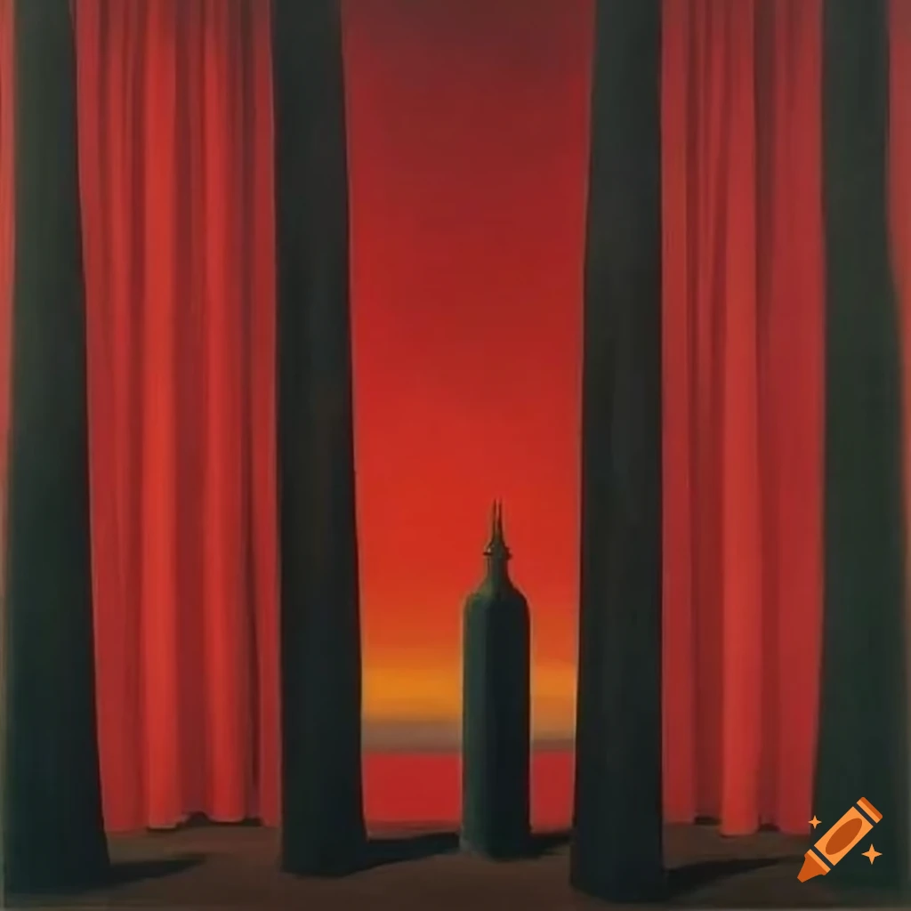 Rene magritte's painting of red curtains in a white forest