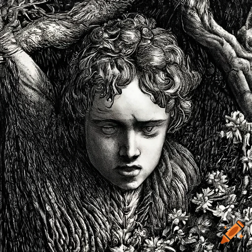 Intricate etching engraving of peasants turning into trees on Craiyon