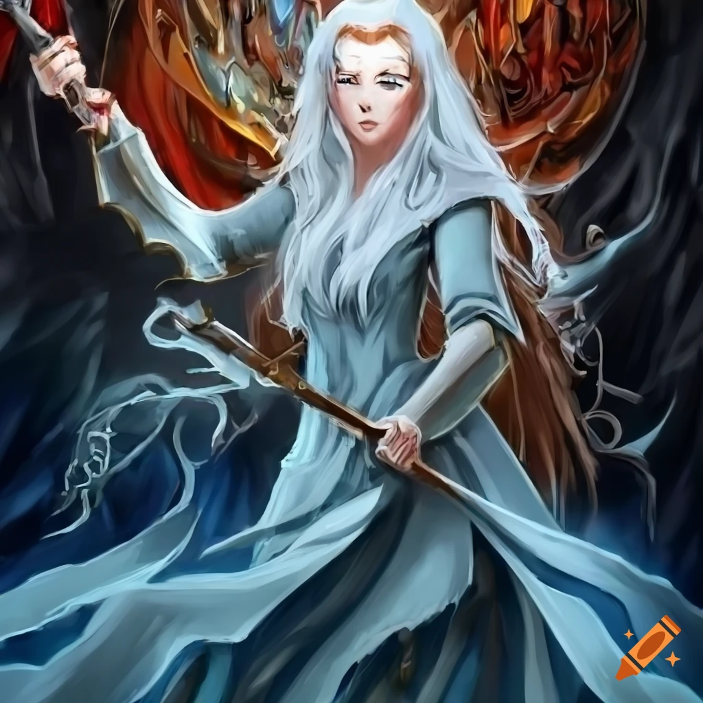 Painting of a white-haired fantasy character with a staff on Craiyon