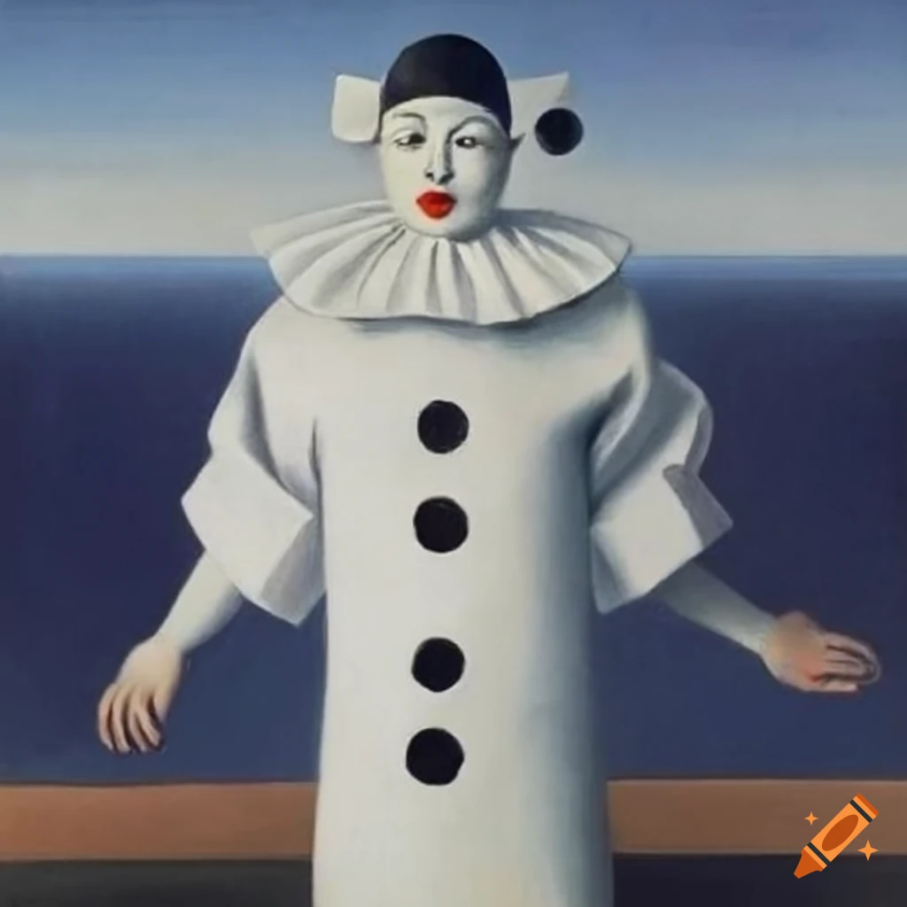 Painting of a female pierrot by rene magritte on Craiyon