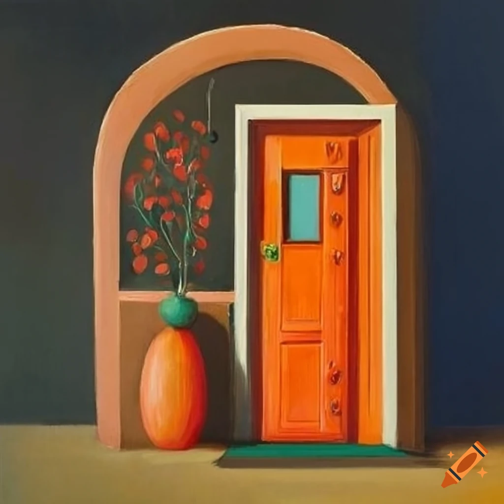 Surrealist painting of a half moon and orange door