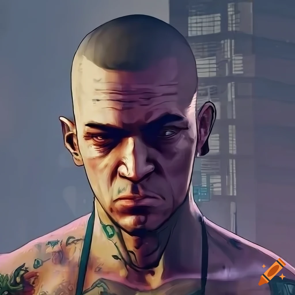Portrait of a well-built male character from GTA V with shaved head and ...