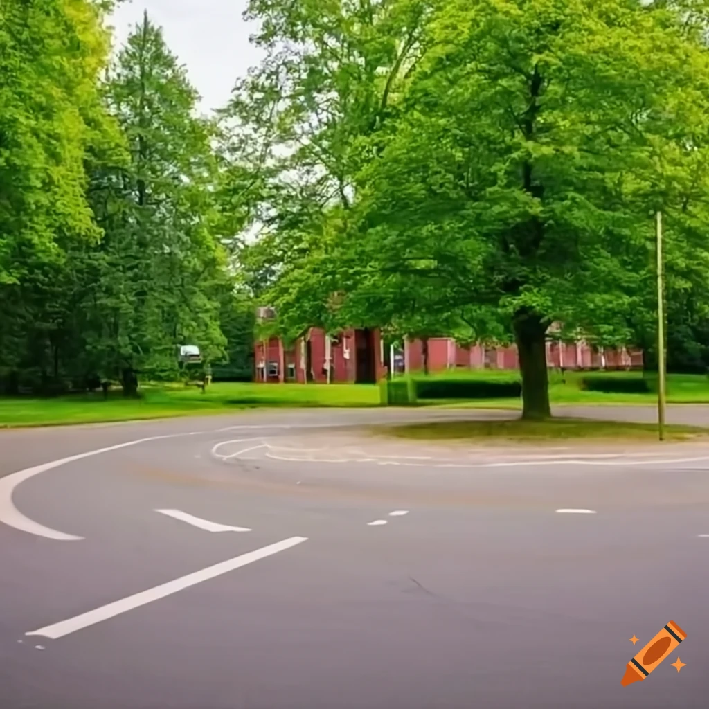 Roundabout in the middle of a forest with a brown school building in ...