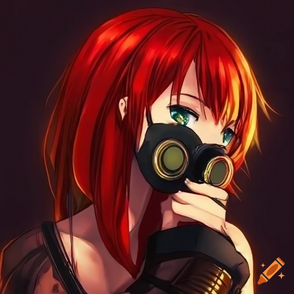 Anime girl with red hair and gas mask on Craiyon