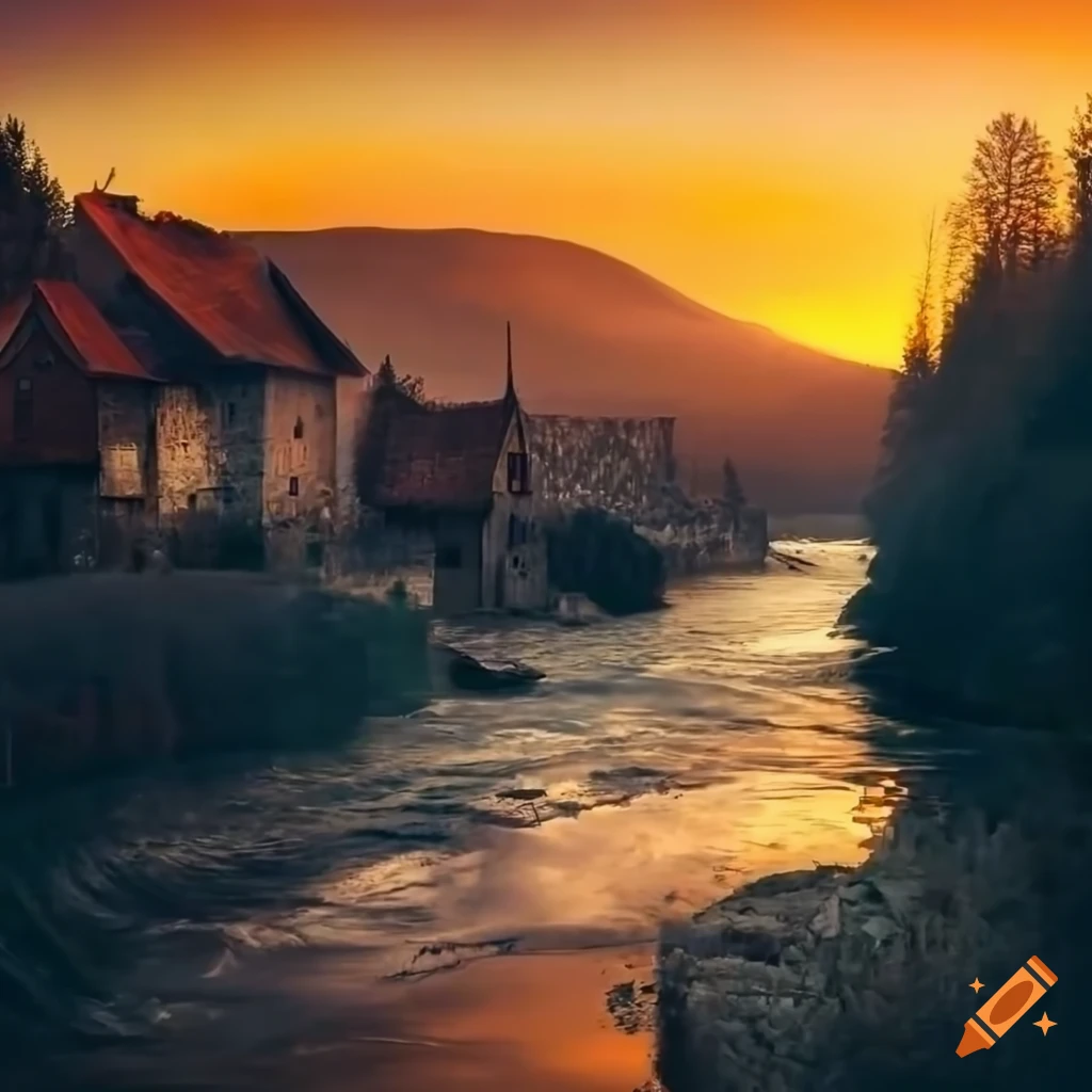 Sunset at a medieval village in fall on Craiyon