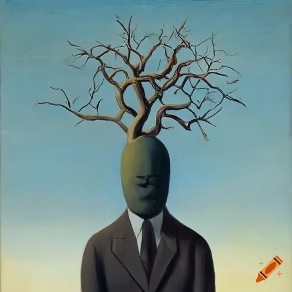 Rene magritte's artwork of flying horse trees with twisting branches on ...