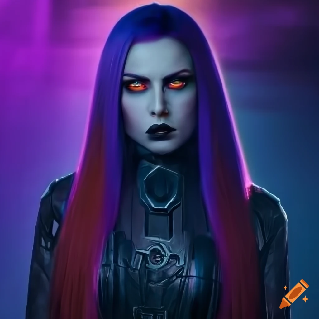 Portrait of a stunning middle-aged vampire woman with purple hair on ...