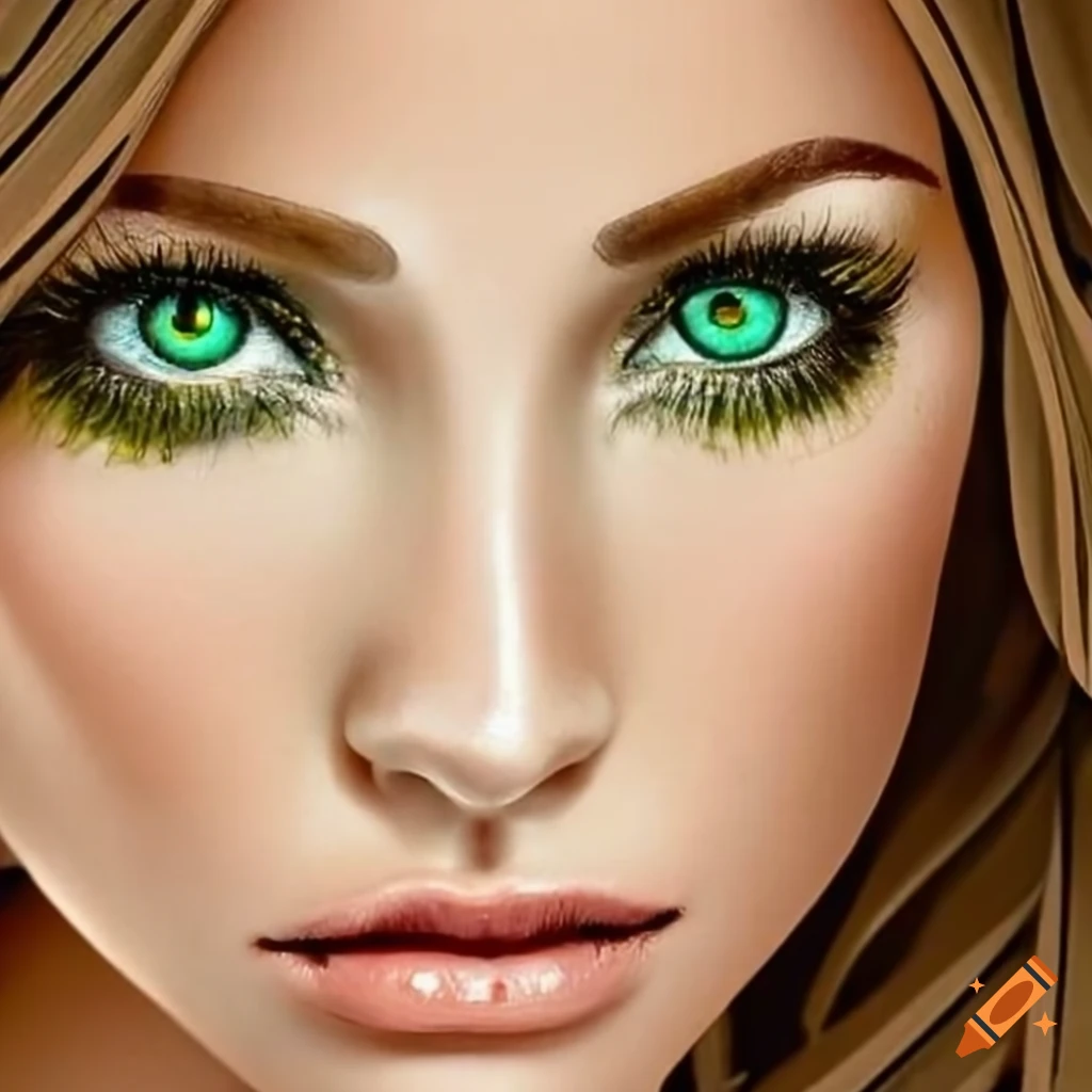Close-up of a female face with green eyes on Craiyon