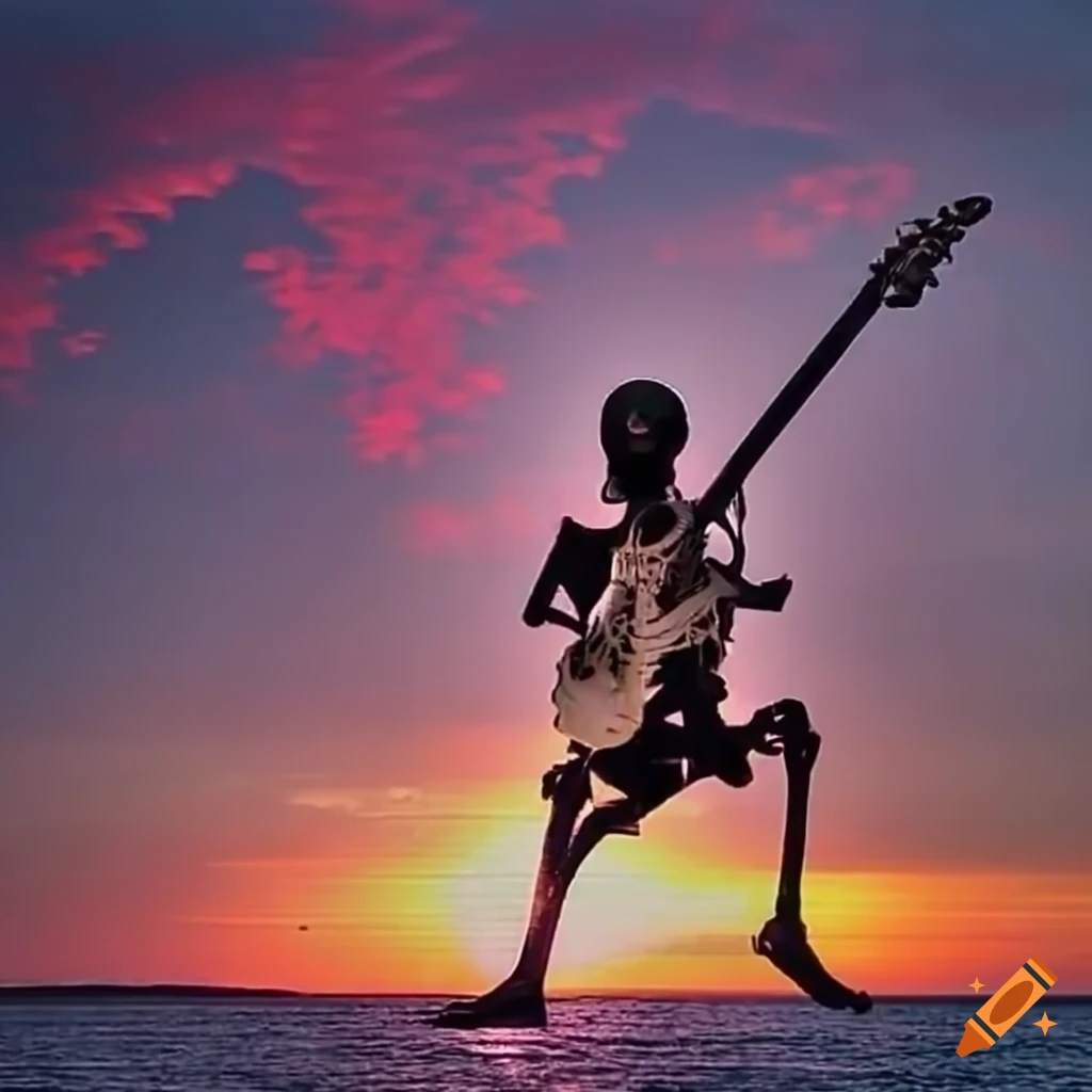 Skeleton playing guitar in a trippy sunset on Craiyon
