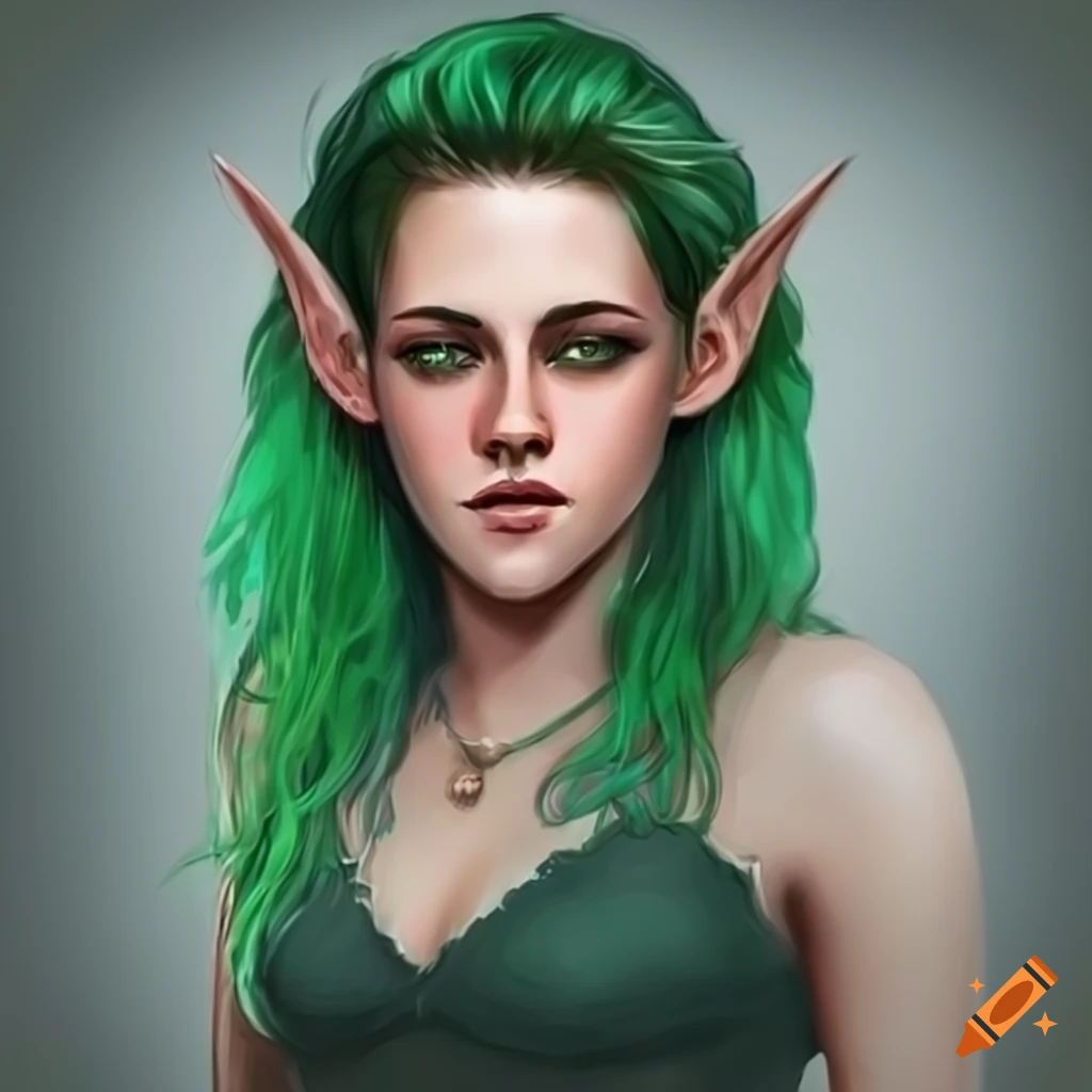 Realistic artwork of kristen stewart as a female elf with green hair on Craiyon