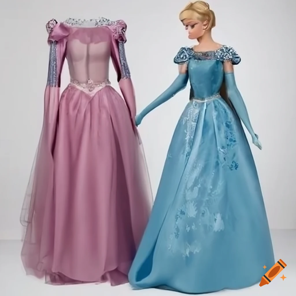 Combined cinderella and elsa dress on a mannequin on Craiyon