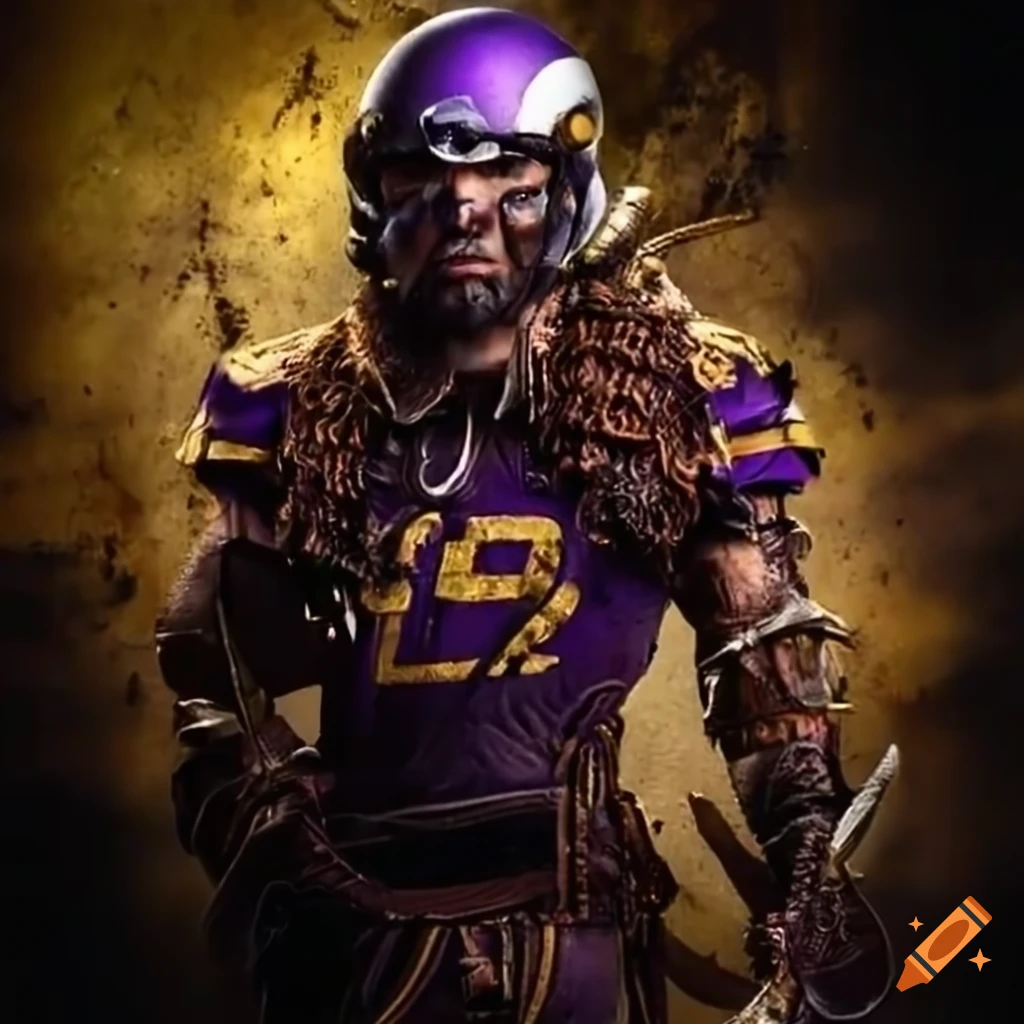 Steampunk Minnesota Vikings player with a fierce expression on Craiyon