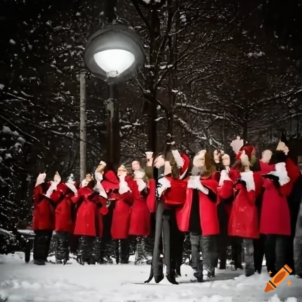 Snowfall as a choir sings under a street lamp on Craiyon