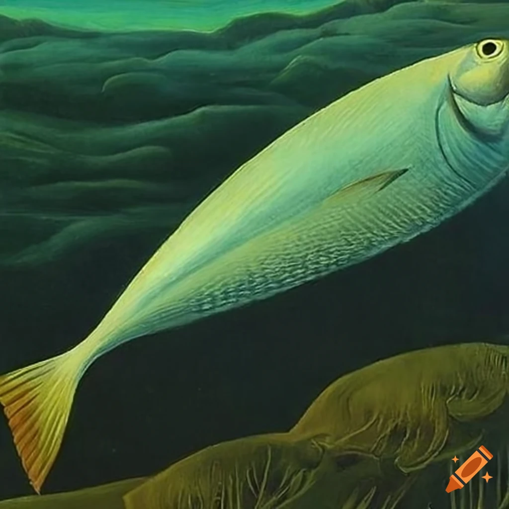 Close-up of a fish tail in a surrealist artwork