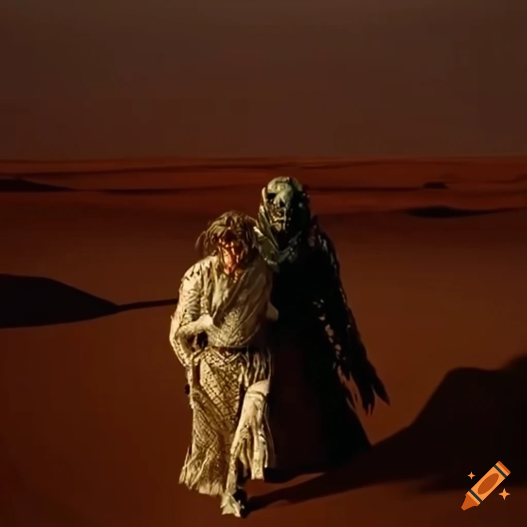 Image of luke skywalker and an alien predator humanoid in a desert chase on Craiyon