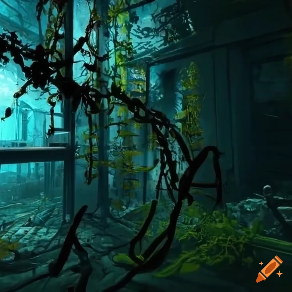 Abandoned lab research facility with overgrown vegetation on Craiyon