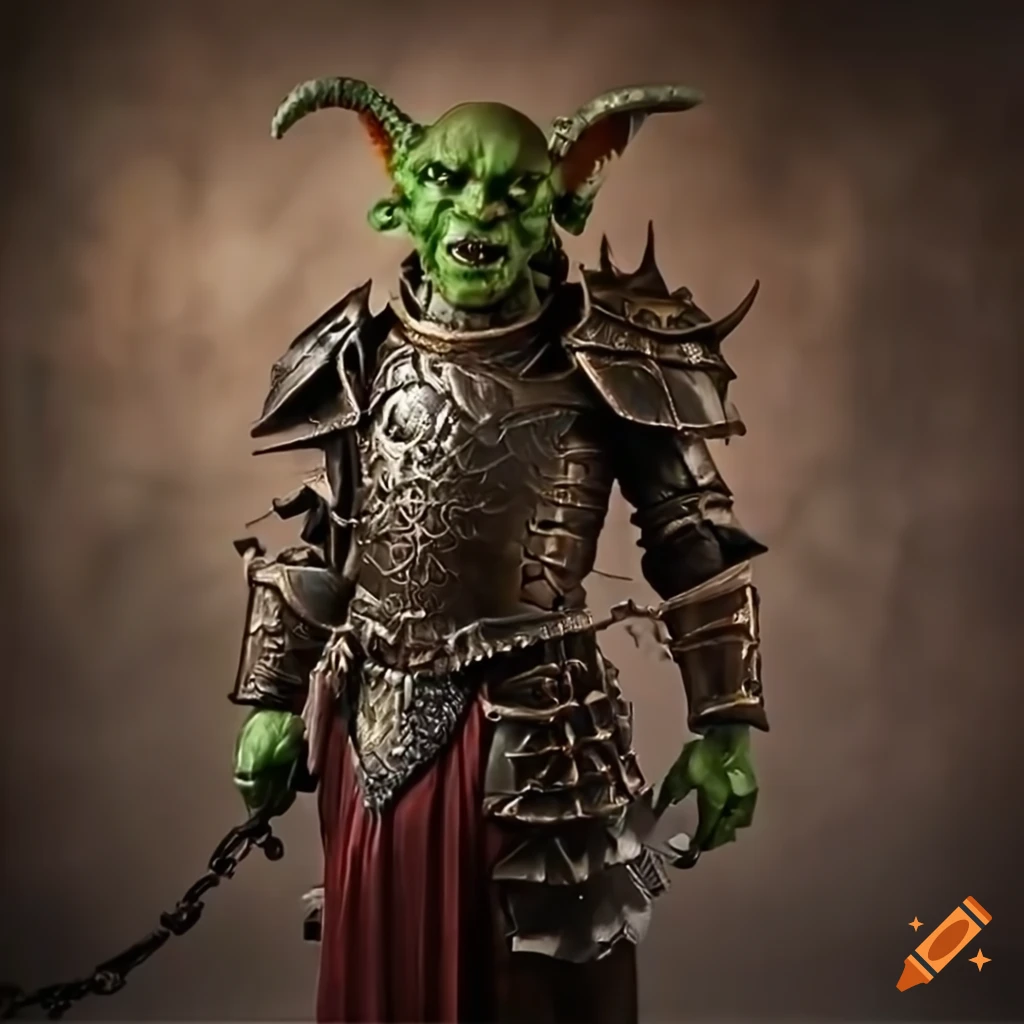 Cinematic artwork of a goblin master commander with glowing eyes and animals in chains on Craiyon