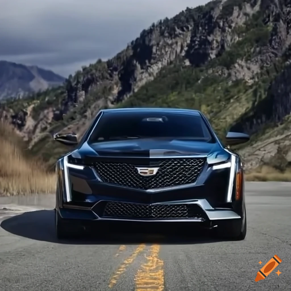 Black Cadillac CT5 V Blackwing driving through the mountains on Craiyon