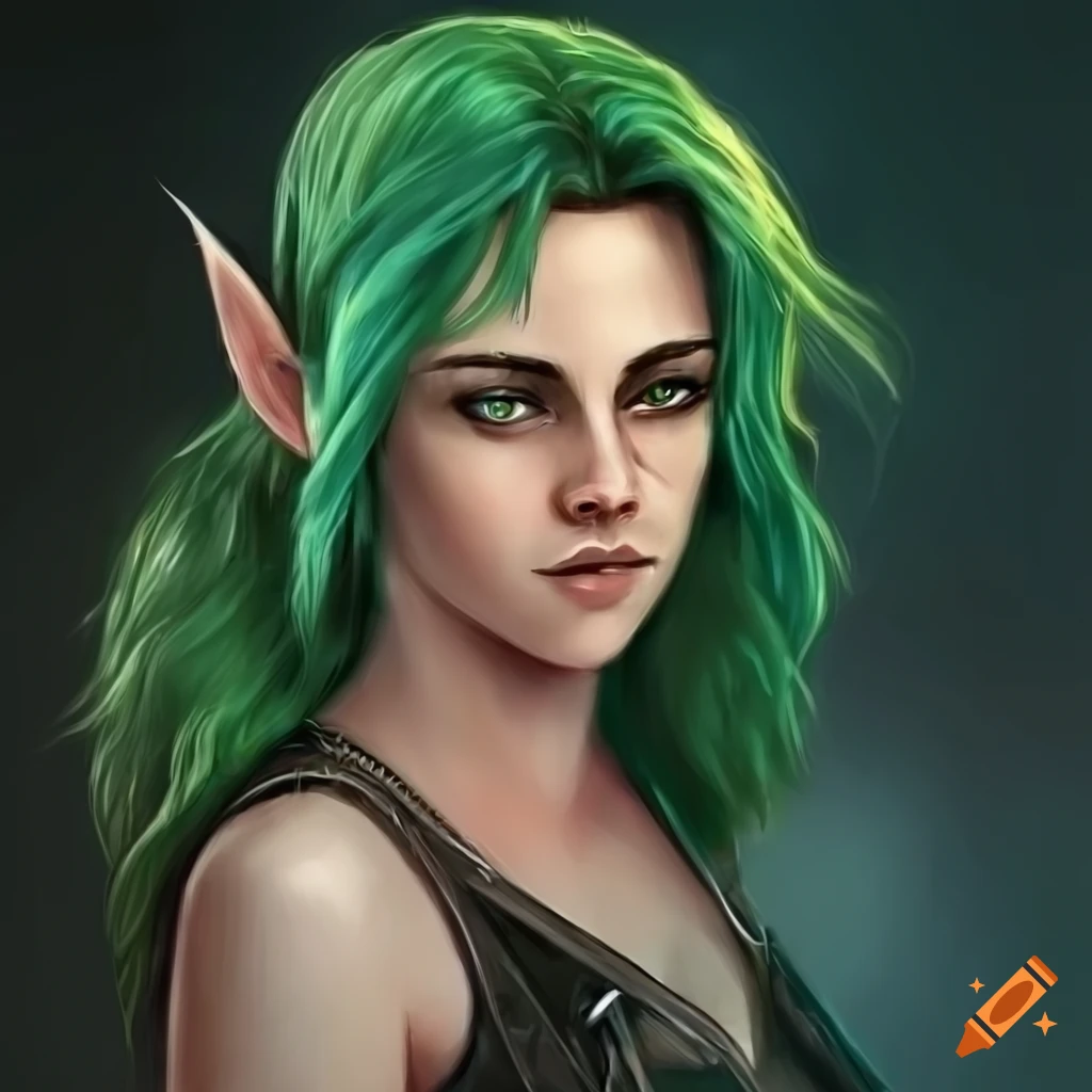 Realistic art of Kristen Stewart as a female elf with green hair on Craiyon