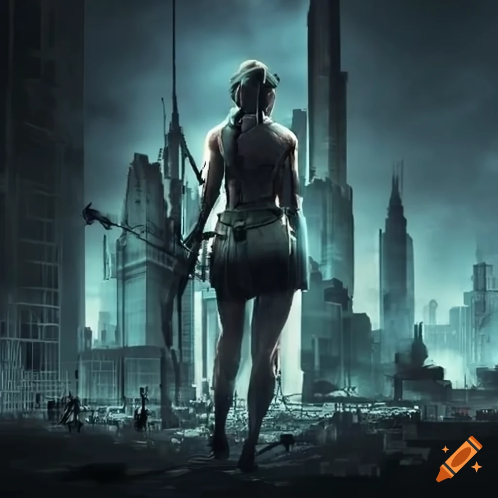 Dystopian cityscape with a fighting arena