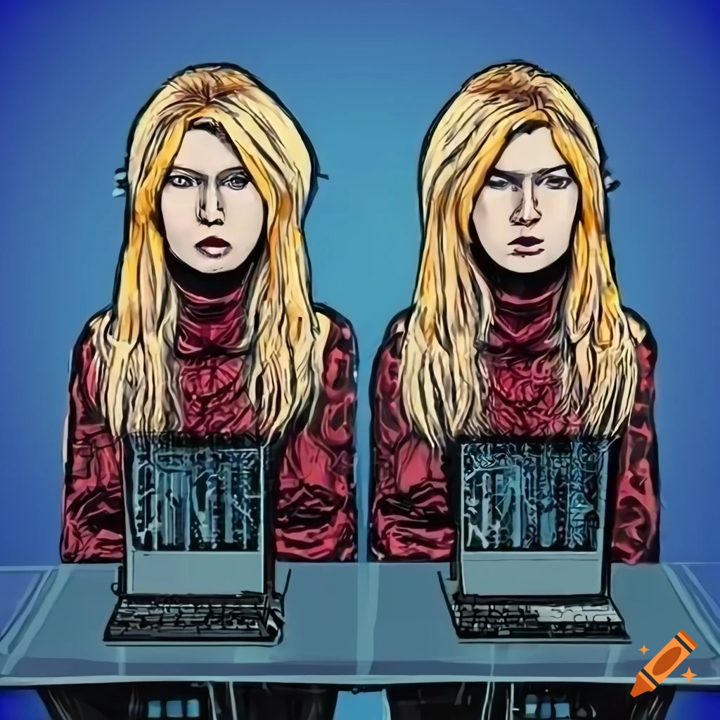 Comic style depiction of two women hacking on multiple computer screens