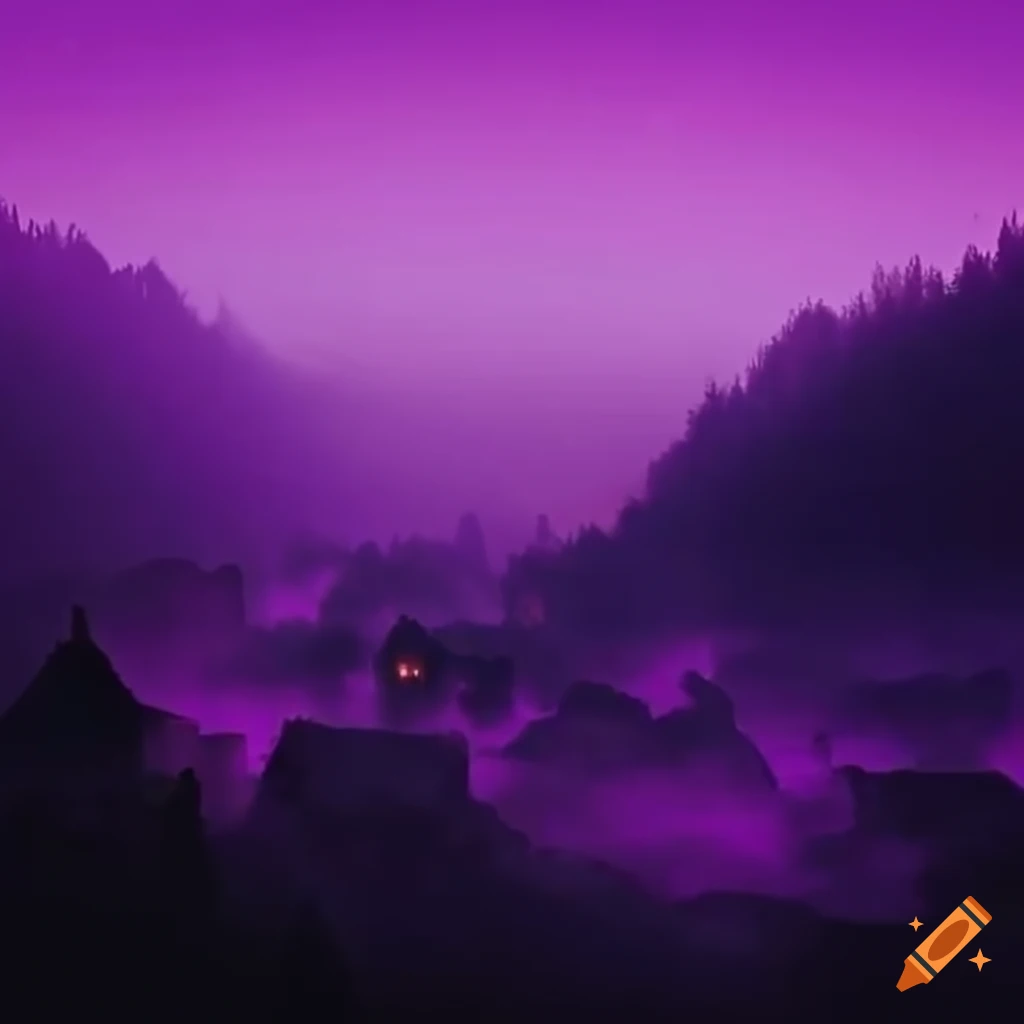 Scenery of a village covered in purple haze