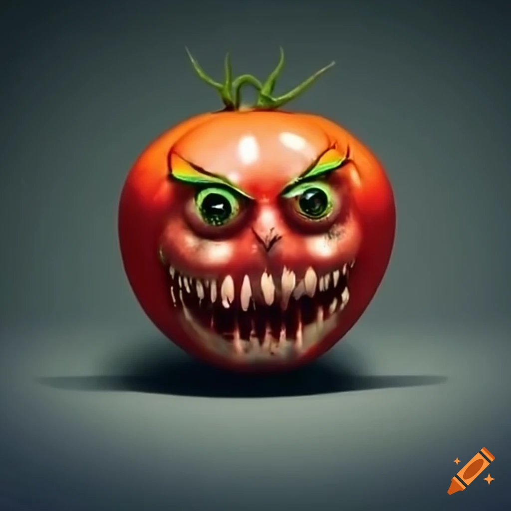 Close-up portrait of the rotten tomato fruit monster on Craiyon