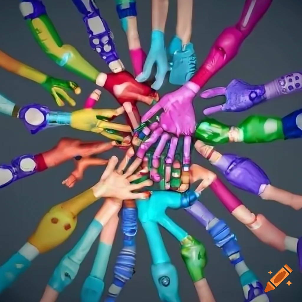 Surreal artwork of intertwined colorful hands on Craiyon